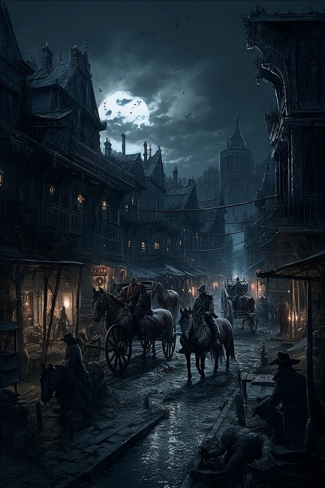 bloodborne style city street with cowboys on horses, dark setting ...
