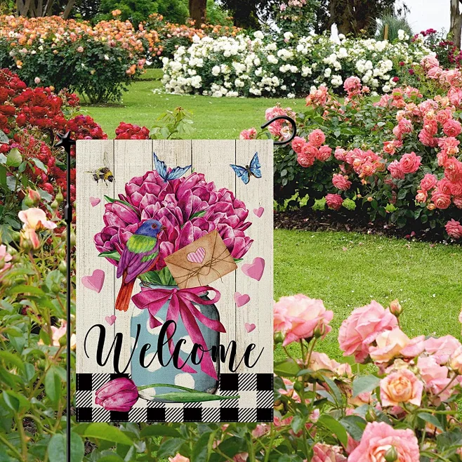 CMEGKE 郁金香花卉欢迎花园旗帜,情人节花园旗帜双面适用于室外春夏花园旗乡村垂直粗麻布婚礼周年纪念派对情人节假日农舍庭院户外装饰 12.5 ...