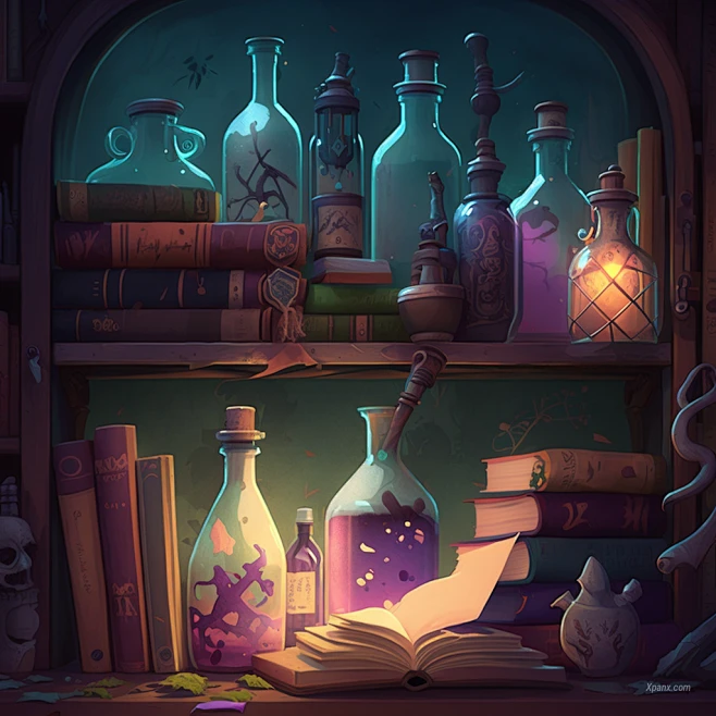 AI绘画_Prompts_BoneCrusherx11_shelf_full_of_unusual_potion_bottles ...