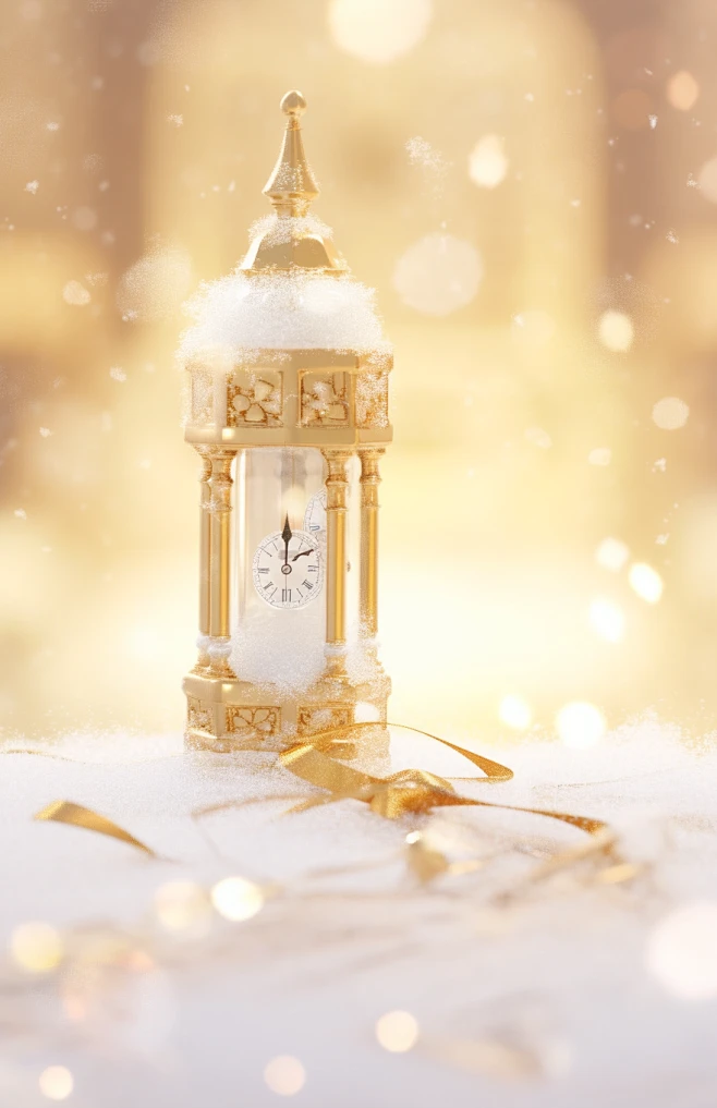 a mini clock tower in the snow with gold ribbons, in the style of bokeh ...