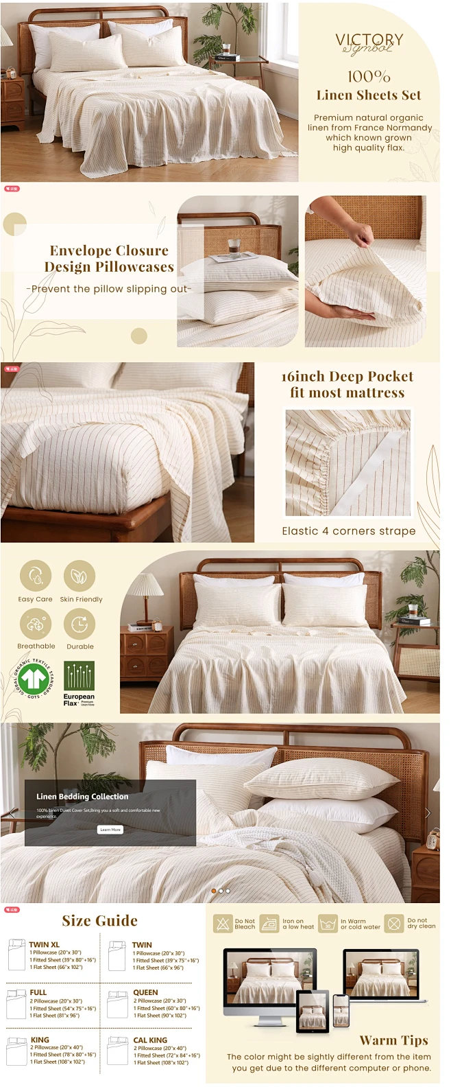 Amazon.com: S VICTORY SYMBOL 100% Organic Linen Sheets Set King Size ...