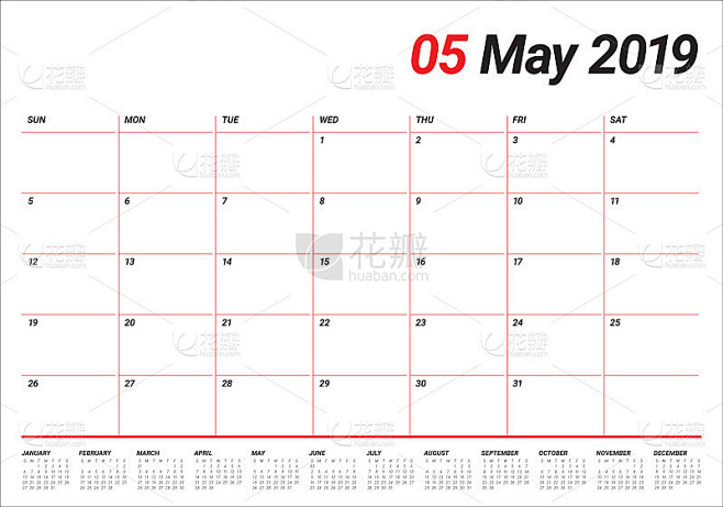 2019年5月台历矢量插图