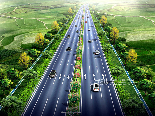 道路景观设计中央绿化效果图02 道路园林景观效果图