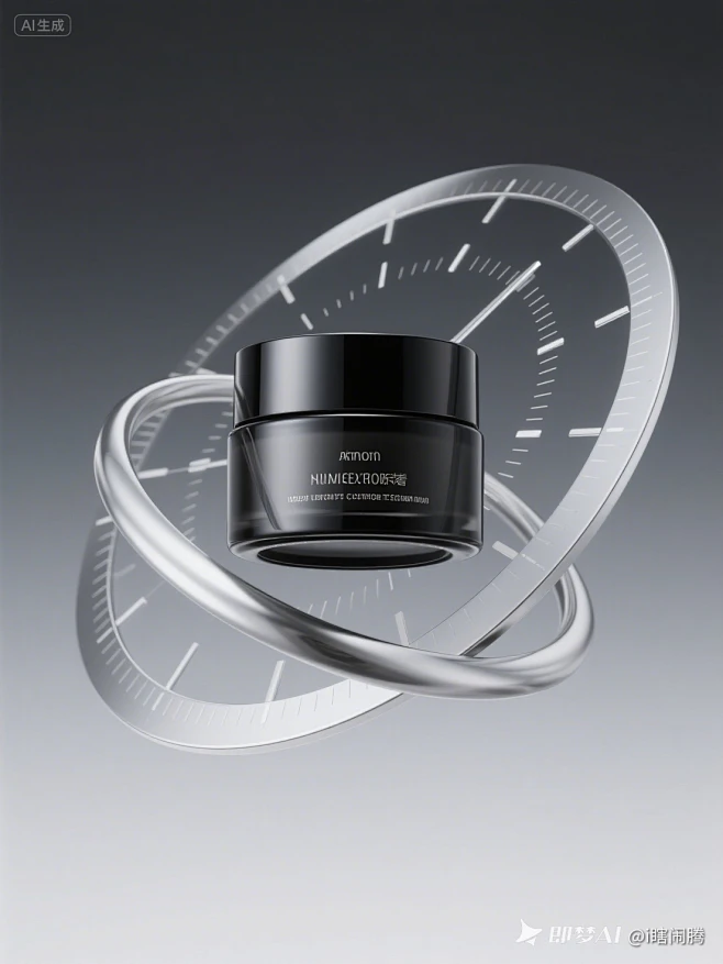 jimeng-2025-06-12-1025-以简洁高级的灰色渐变作为背景，营造出科技感氛围。画面中心呈现一罐黑色面霜，盖子与-花瓣网
