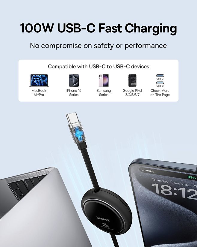 Amazon.com: Baseus USB C Cable, Mini 100W Retractable USB C to USB C 5A ...