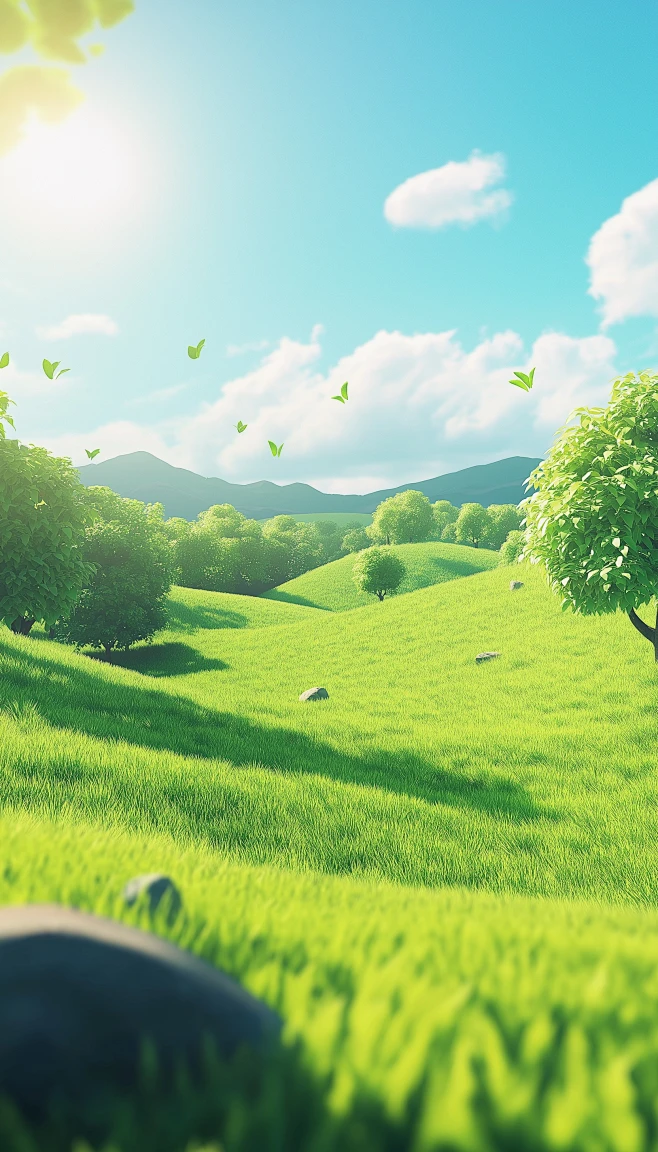 A mobile game background of a sunny grass knoll a field, 3d style, 3d sculpt,-花瓣网