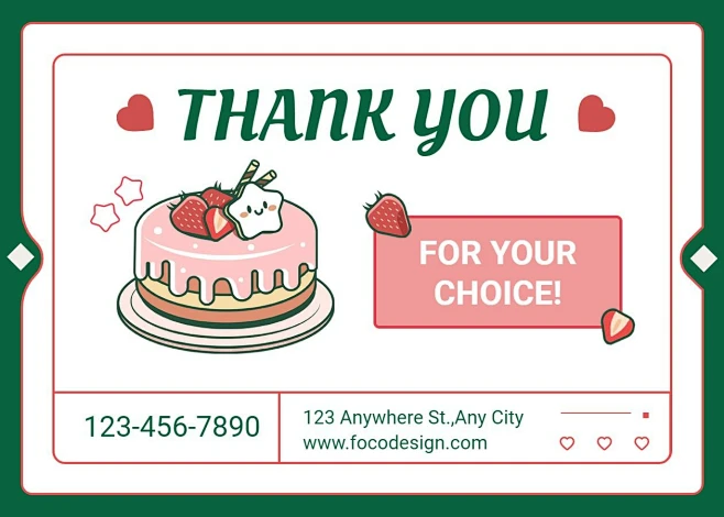 Cute Cartoon Rectangle Frame Strawberry Cake Thank You Card素材-花瓣网