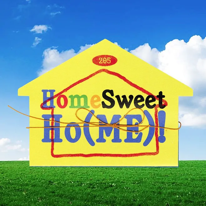 This may contain: a yellow house shaped sign with the words home sweet ...