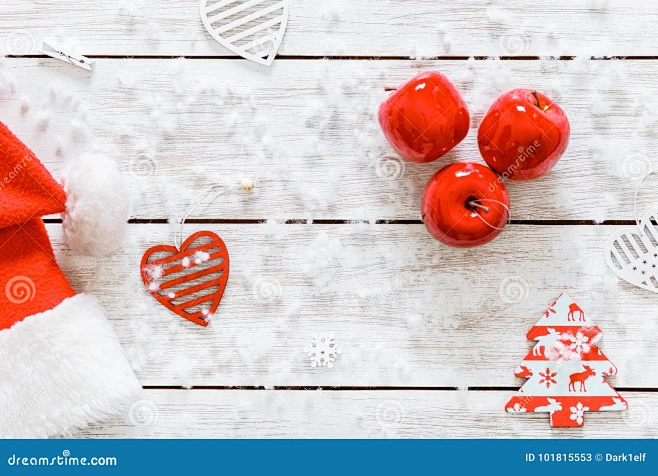 Santa Claus Hat, Red Apples on Wooden White Background, Copy Space, Top ...