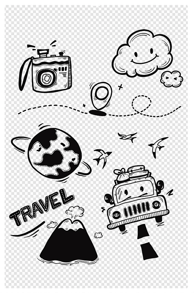 旅行旅途火山汽车涂鸦行李涂鸦照相机