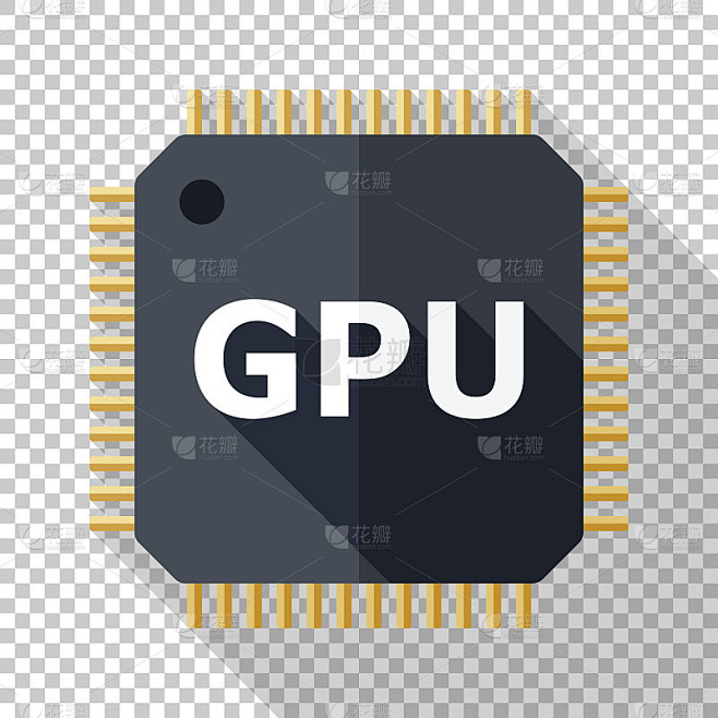 GPU图标在平面风格与长阴影透明背景