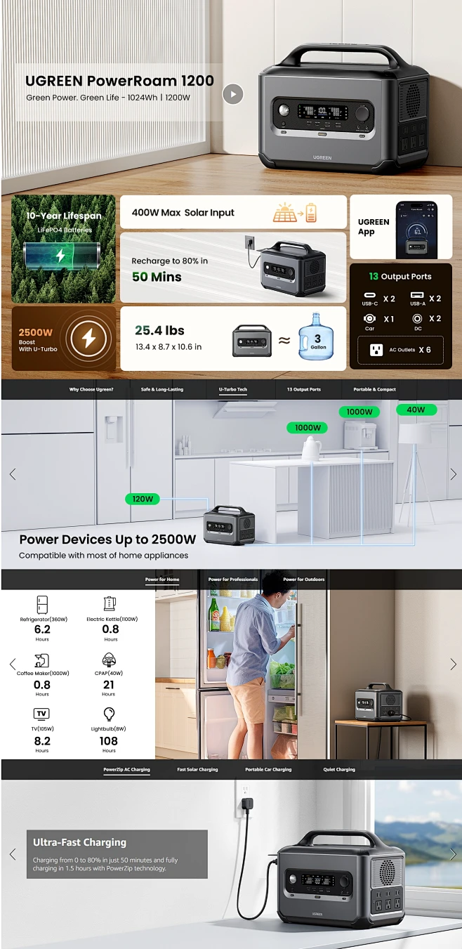 Amazon.com: Ugreen Portable Power Station PowerRoam 1200, 1024Wh Solar Generator, LiFePO4 ...