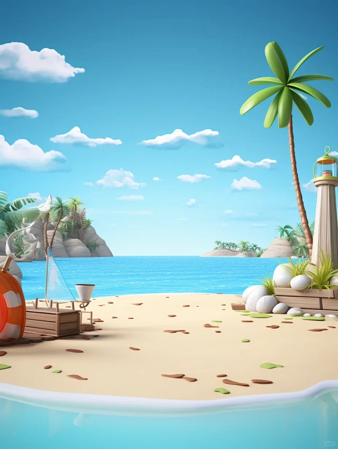 Seaside beach scene, flat cylindrical table, clean table, stage ...