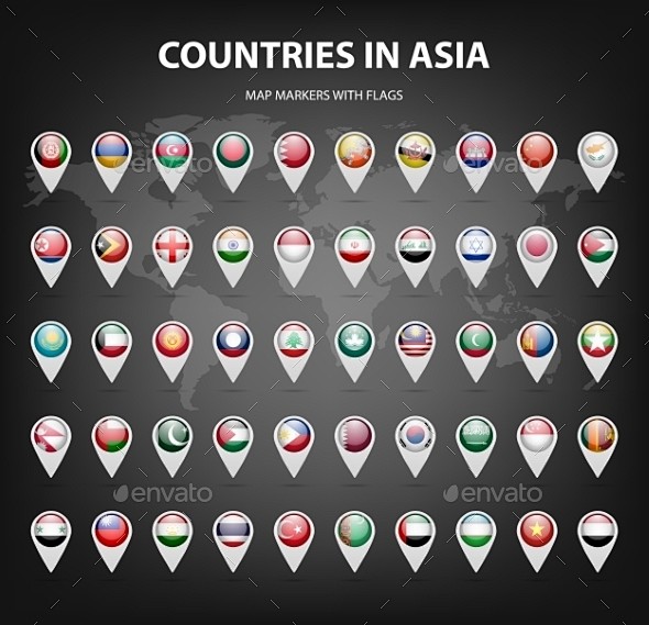地图标记和标志——亚洲.原来的颜色.——Web元素矢量Map Markers With Flags - Asia. Original ...