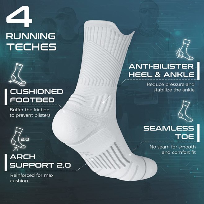 Coolmax Compression Running Socks 3 Pairs, Cushion Crew Socks, Anti ...