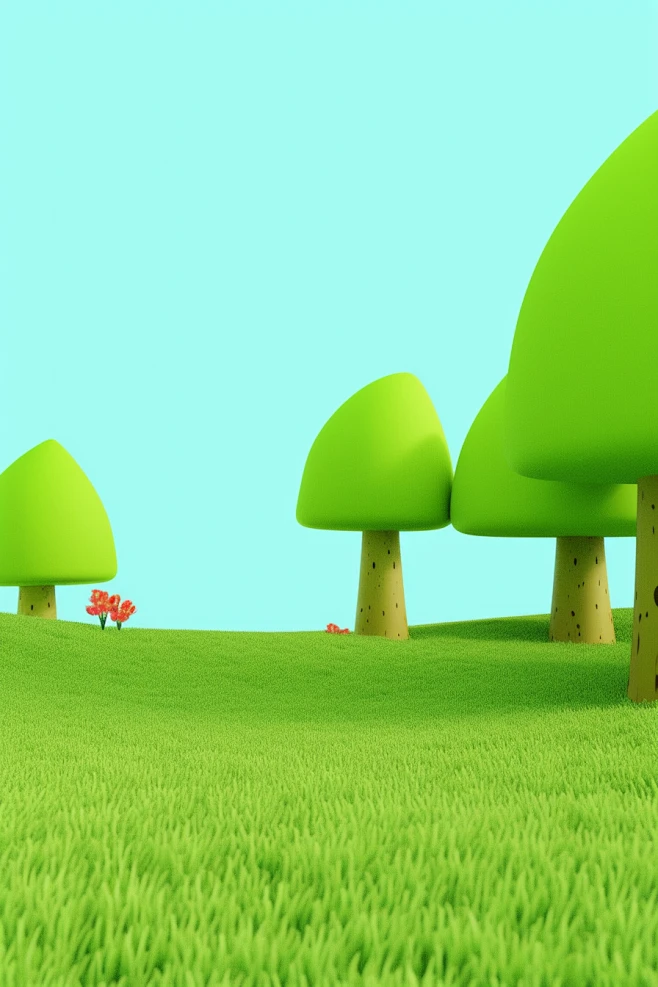 green grass with several 3d trees and grass, in the style of whimsical ...