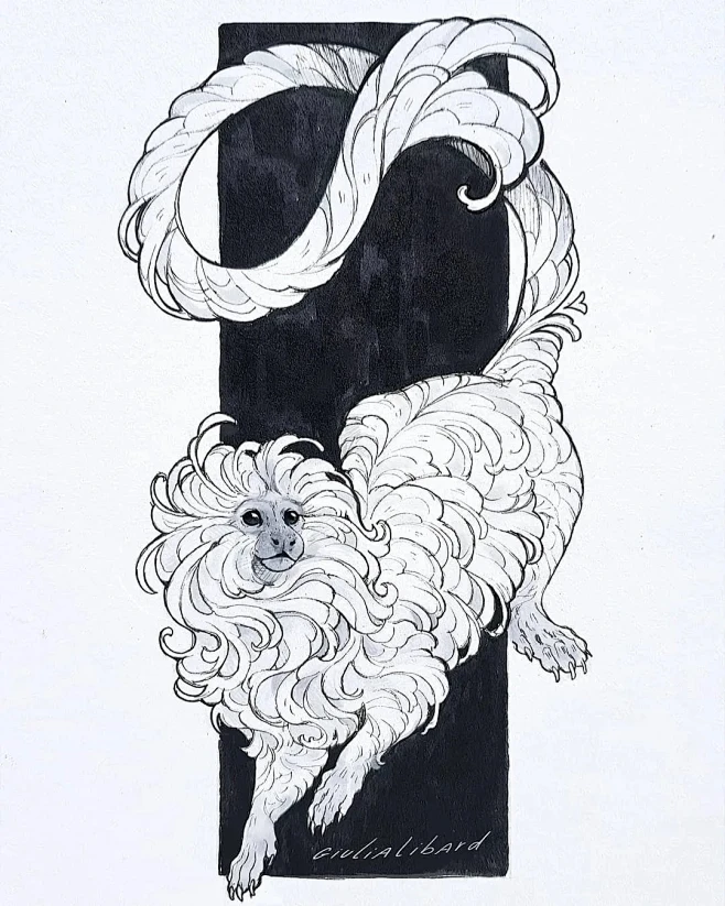 Giulialibard 作品的主题大多是猫狗狮虎等等动物，灵动飘逸的体态，还有对毛发的独特画法，给人软绵蓬松的感觉。-花瓣网