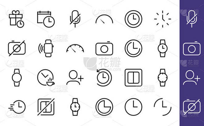 简单的时间图标集颜色可编辑模板.包含图标，如时间检查，速度计日历和其他矢量信号隔离在白色背景上用于图