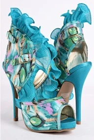 Love the color!! BLUE MULTI FAUX SILK ABSTRACT PRINT RUFFLE CUFF HEELS ...