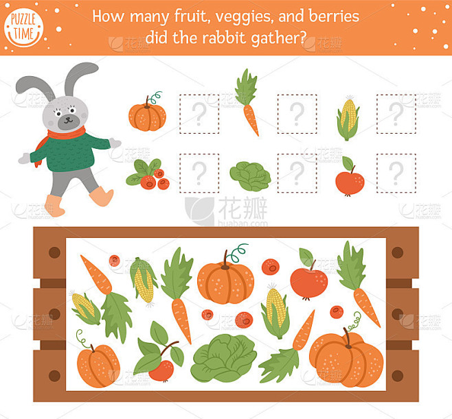 Counting game with vegetables, wooden case and rab