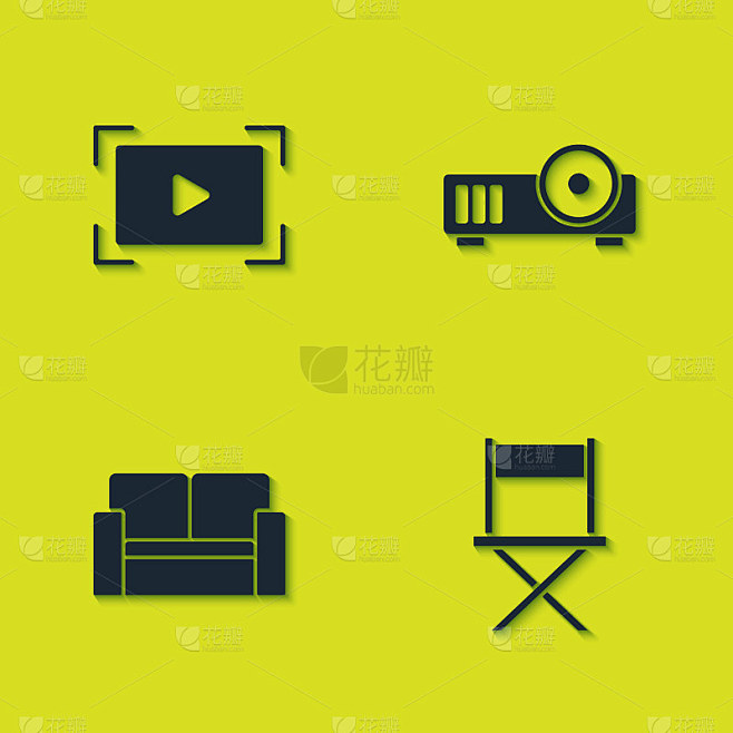 设置在线播放视频，导演电影椅，影院和媒体投影机图标。向量