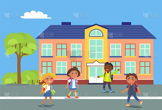 快乐的孩子背着书包去上学。卡通建筑学校，绿色景观。现代教育