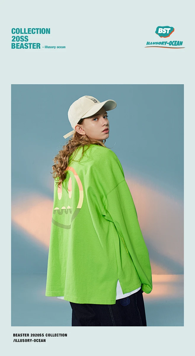 BEASTER小恶魔鬼脸长袖T恤男字母渐变色印花潮流打底情侣装春新款-tmall.com天猫-花瓣网