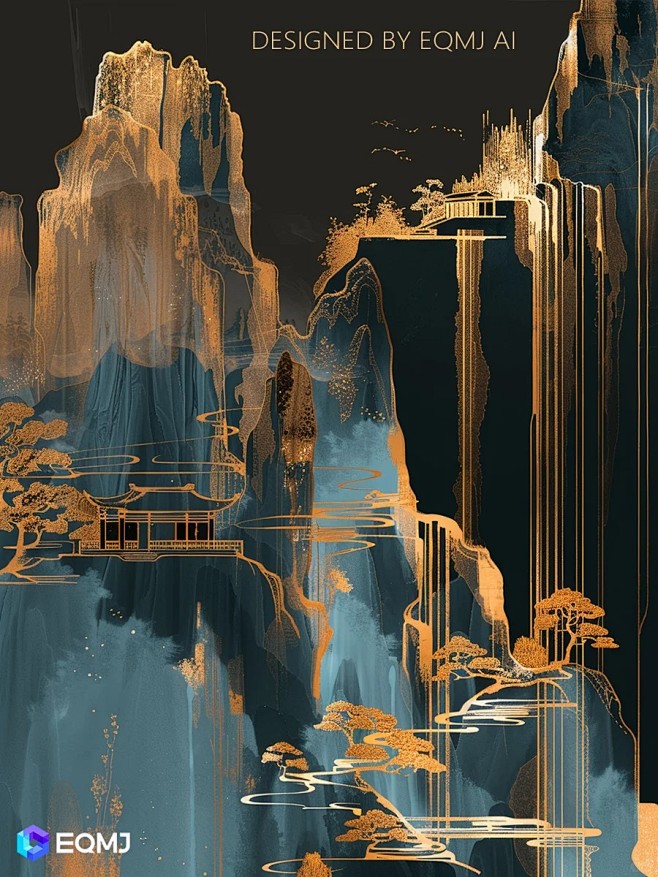 大美国风丨EQMJ AI绘制蓝萤石鎏金山水画_7_EQMJ官方代言人_来自小红书网页版