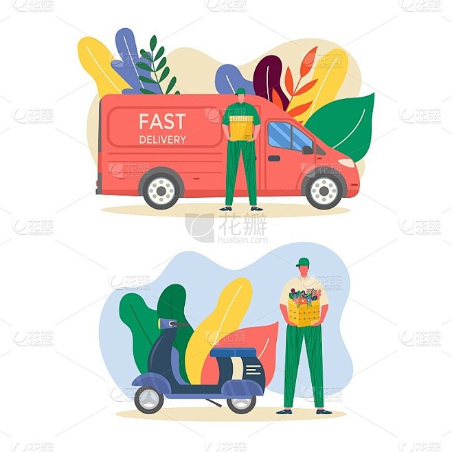 Courier with truck and bike, holding in hand parce