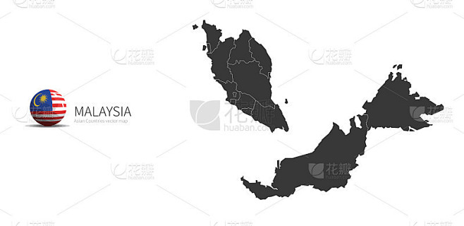 马来西亚地图和旗帜图标地图的亚洲国家。