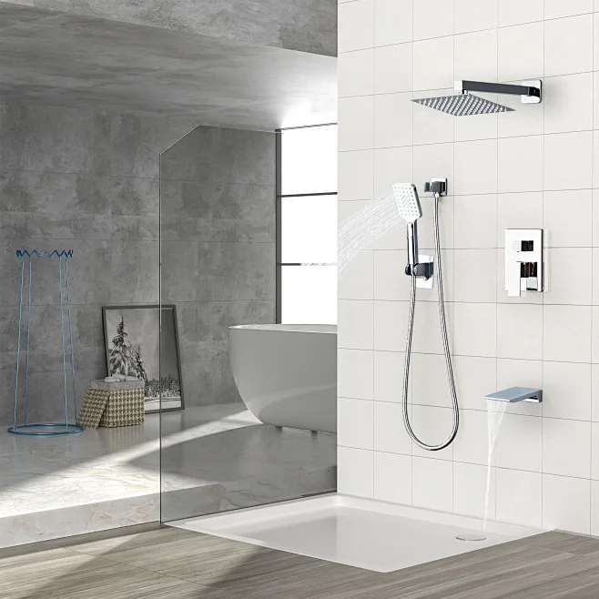 LCEVCGK Shower Faucet Set Complete Chrome Shower System with 8 inch Square Rainfall Shower Head ...