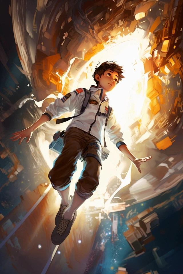 anime scene of a teenager boy flying in white space school uniform with ...
