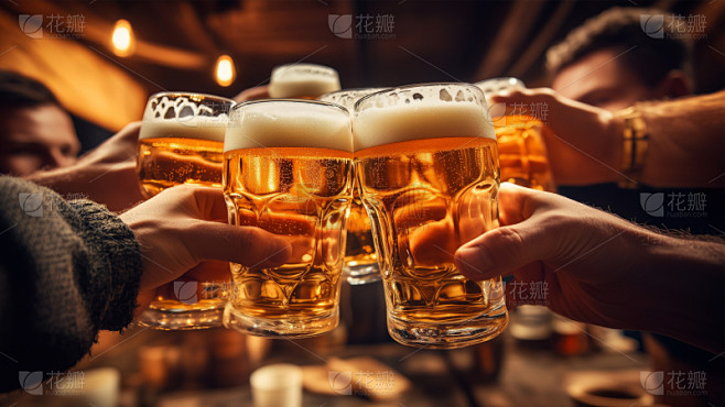 饮品系列写实横版大杯啤酒碰杯场景