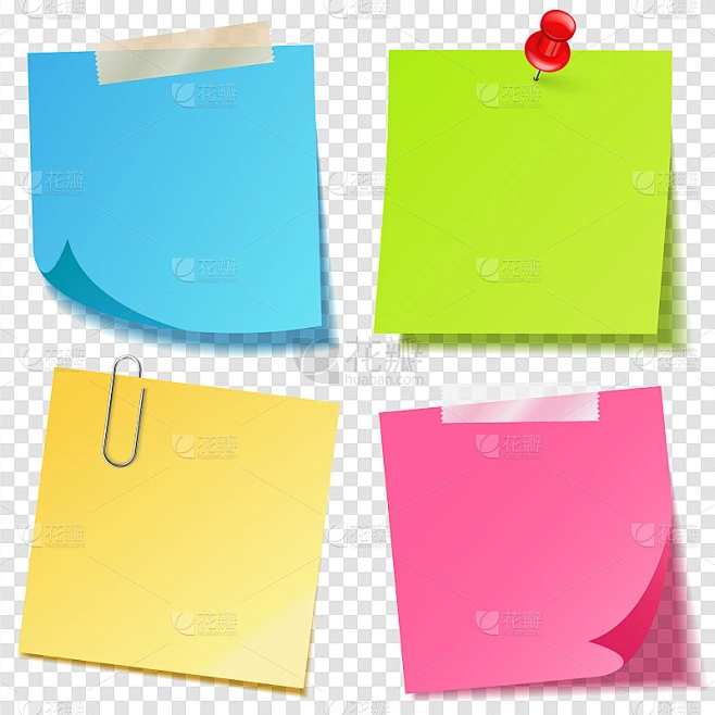 逼真的彩色空白贴与剪贴夹。彩色纸条。纸提醒。矢量图素材-花瓣网