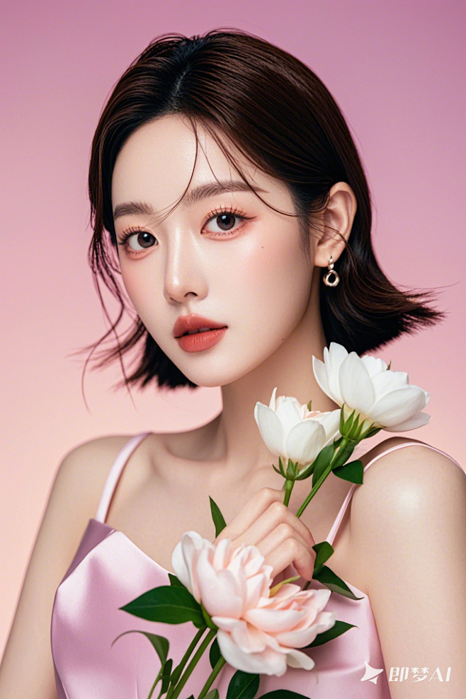 摄影人像，写真，半身照，头上2厘米空白，精致五官，东方面孔的美女，柔和的眼神、淡粉色礼服、手捧鲜花，高级滤镜，简单背景，景深，粉色渐变背景虚化，轮廓光