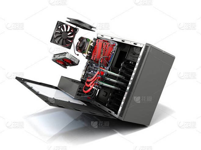 打开 Pc 机箱与内部部件主板冷却器视频卡电源硬盘驱动器3d 渲染白色
