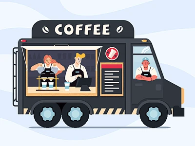 Moving cafe car cafe coffee ui character flat illustration-花瓣网