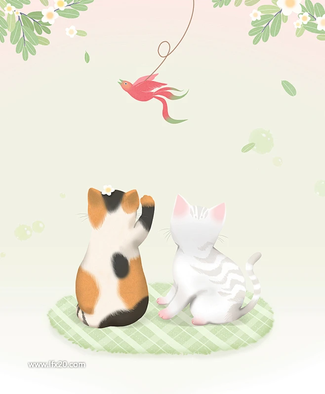 可爱小猫咪清新甜美淡粉色背景插画-花瓣网