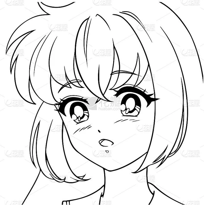 可爱的动漫女孩偶像肖像。等高线矢量插图。素材-花瓣网