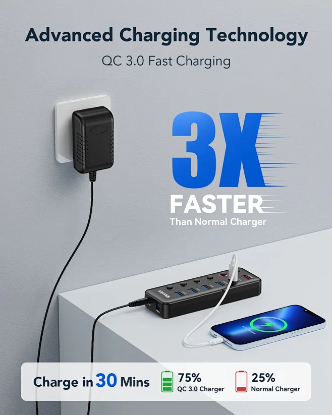 Amazon.com: Powered USB Hub, Wenter 6-Port USB 3.0 Hub Splitter (4 USB 3.0 Data Ports + 2 QC 3.0 ...