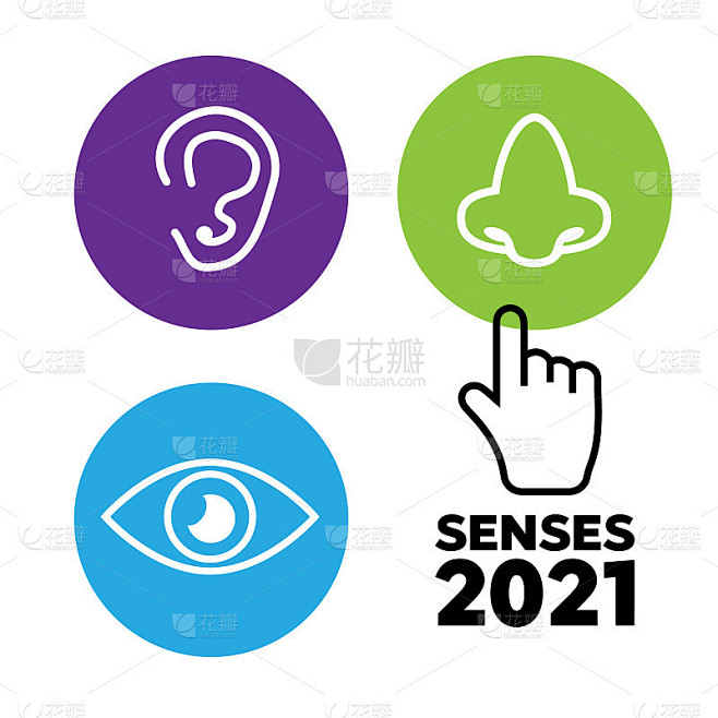 一组代表五种感觉的图标。视觉，嗅觉，听觉，触觉，味觉矢量图标