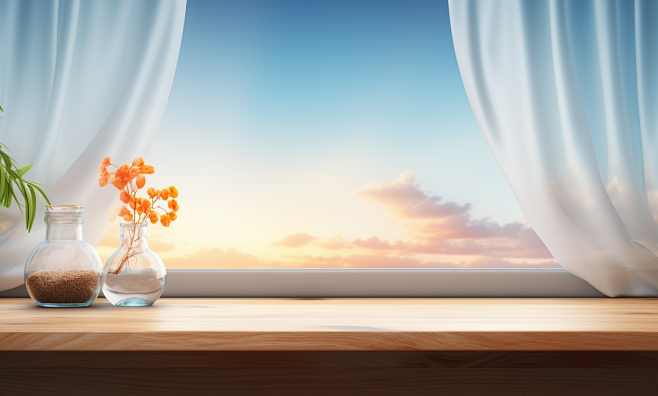 a window view scene with a wood frame, in the style of minimalist ...