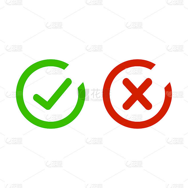 细线检查标记图标。绿色的勾号和红色的叉号标记的平线图标集。矢量插图孤立在白色背景