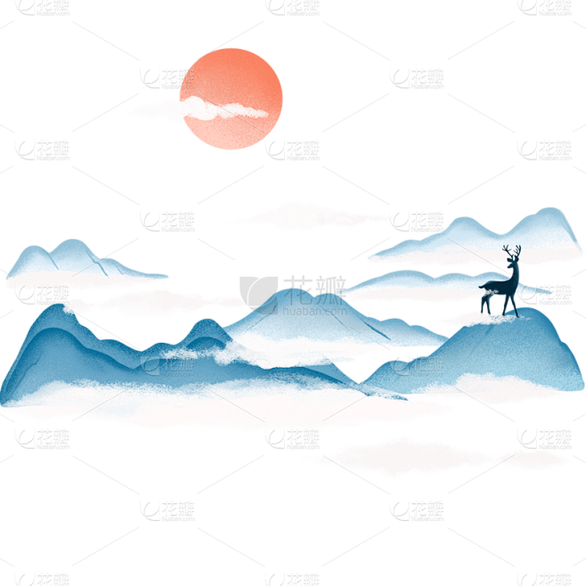 几何蓝色大山云雾山峰元素