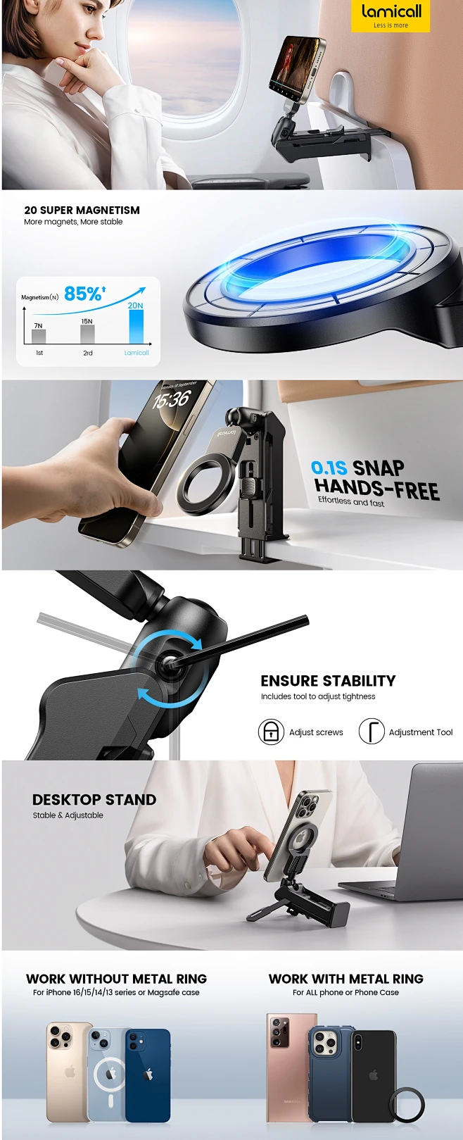 Amazon.com: Lamicall 适用于 Magsafe 飞机手机支架旅行必备品飞行飞机免提机场手机支架长飞行必备女士男士适合 iPhone 16 Pro Max & Magsafe ...