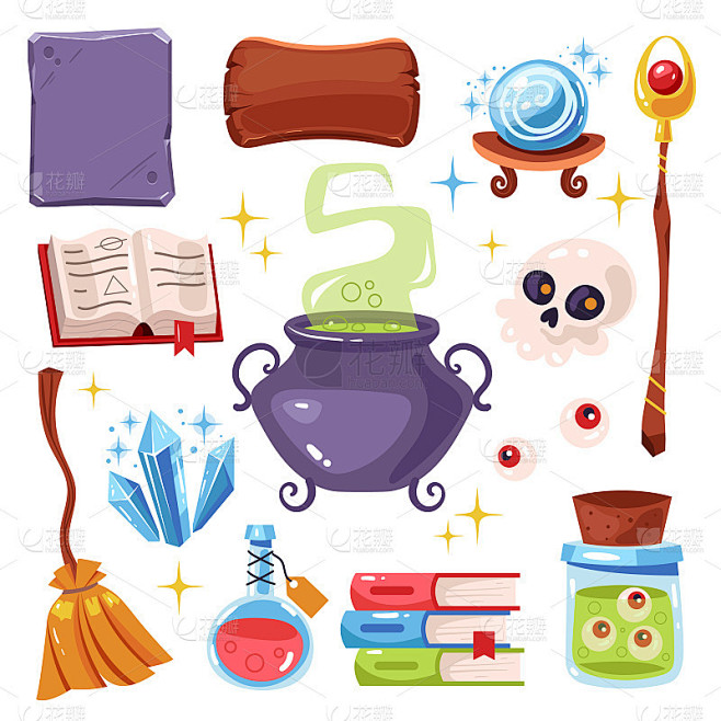 魔法物品对象药水瓶子深奥的元素孤立设置。矢量平面平面设计卡通插图