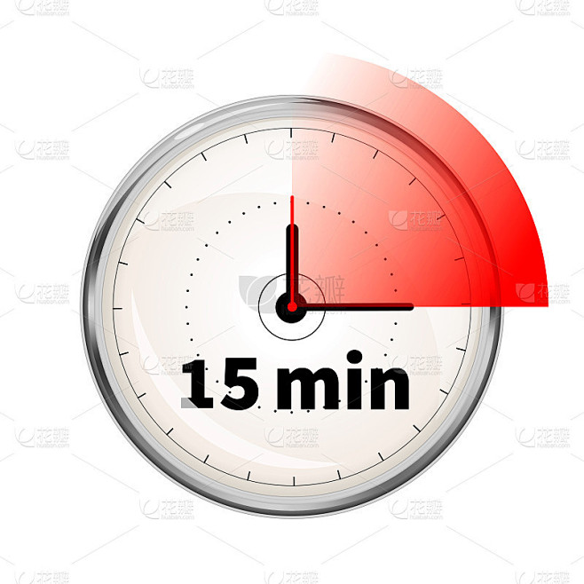 现实的钟面与十五分钟定时器在白色