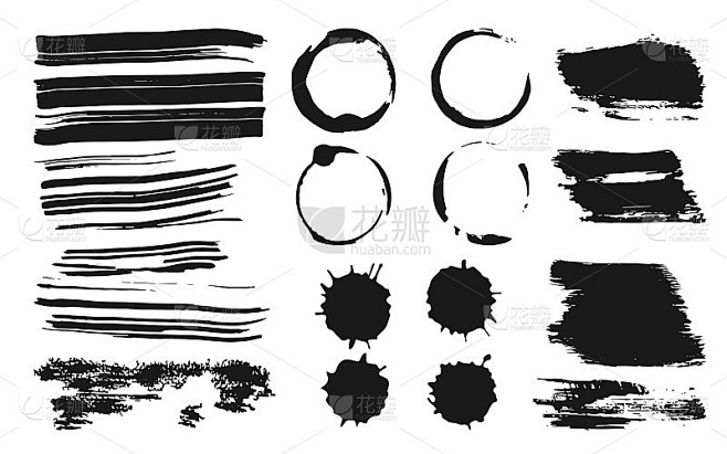 Ink brush strokes splashes drop circles vector set