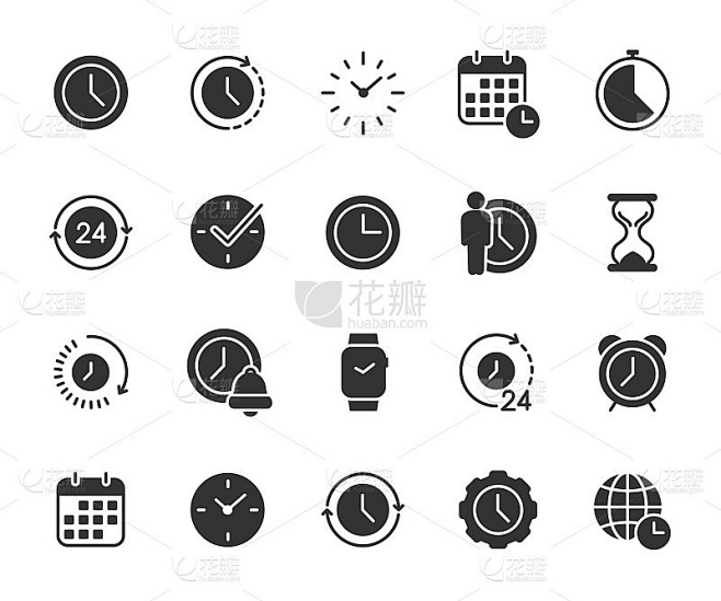 时间平面图标的向量集。包含图标的时钟，日历，闹钟，定时器，时间管理和更多。像素完美。