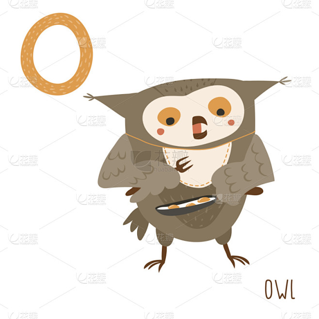 英文字母o,儿童,矢量,可爱的,动物,字母,猫头鹰,英语,蛋卷,字典